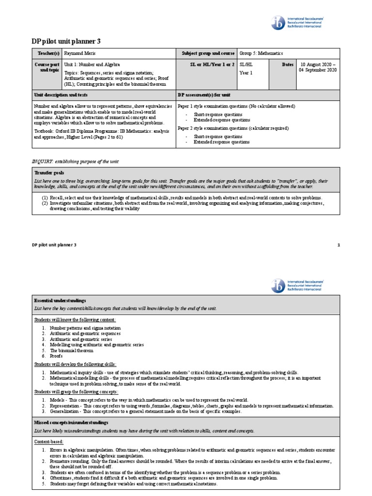 Mathematics DP Unit Planner: Number & Algebra | PDF | Teaching ...