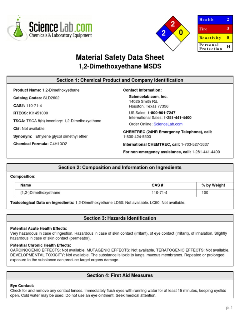 1,2-Dimethoxyethane MSDS: Section 1: Chemical Product and Company ...