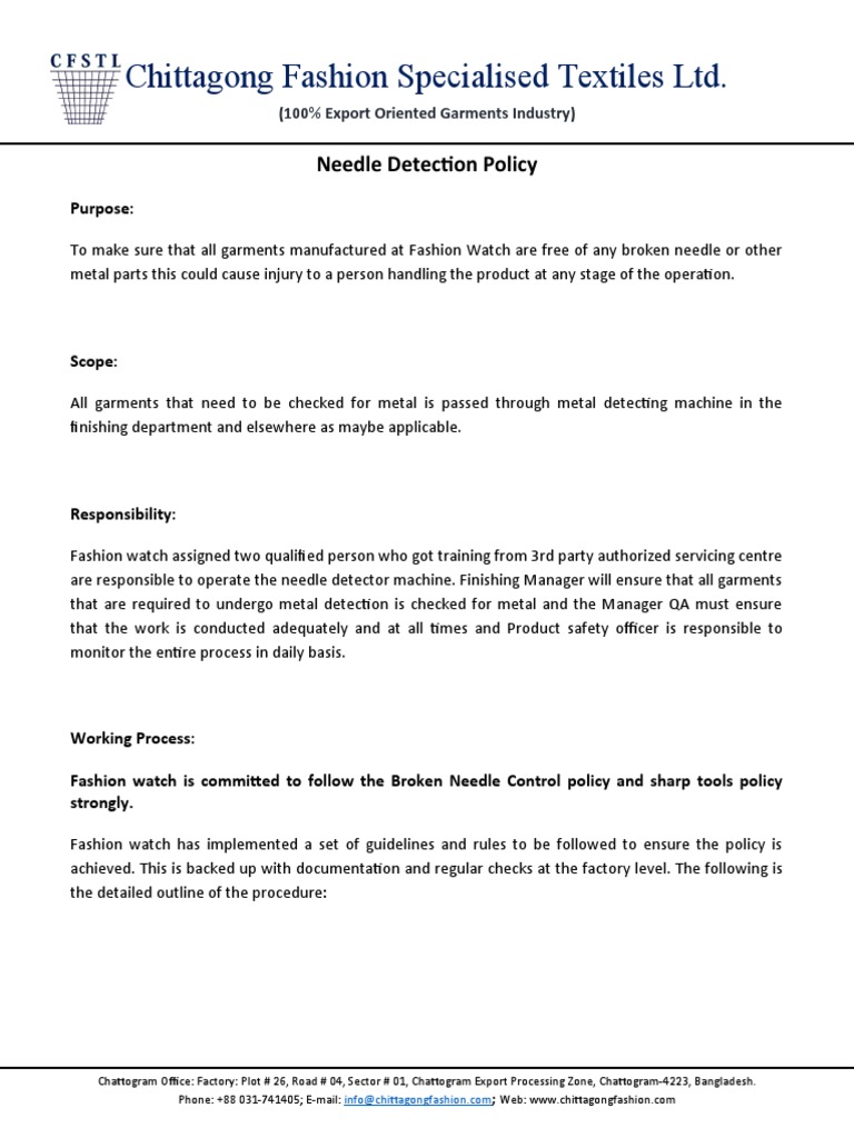 Needle Detector Policy | PDF | Clothing Industry | Metal Detector