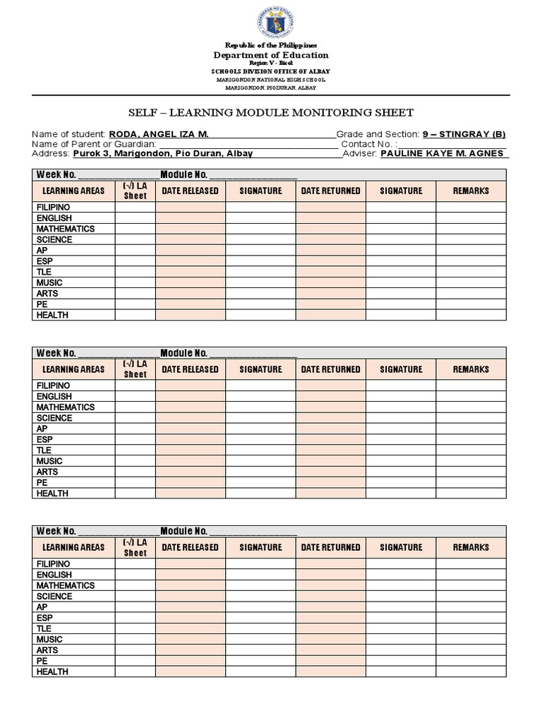 1 SLM MOnitoring Sheet Grade 9 With LAS Checklist | PDF | Science ...