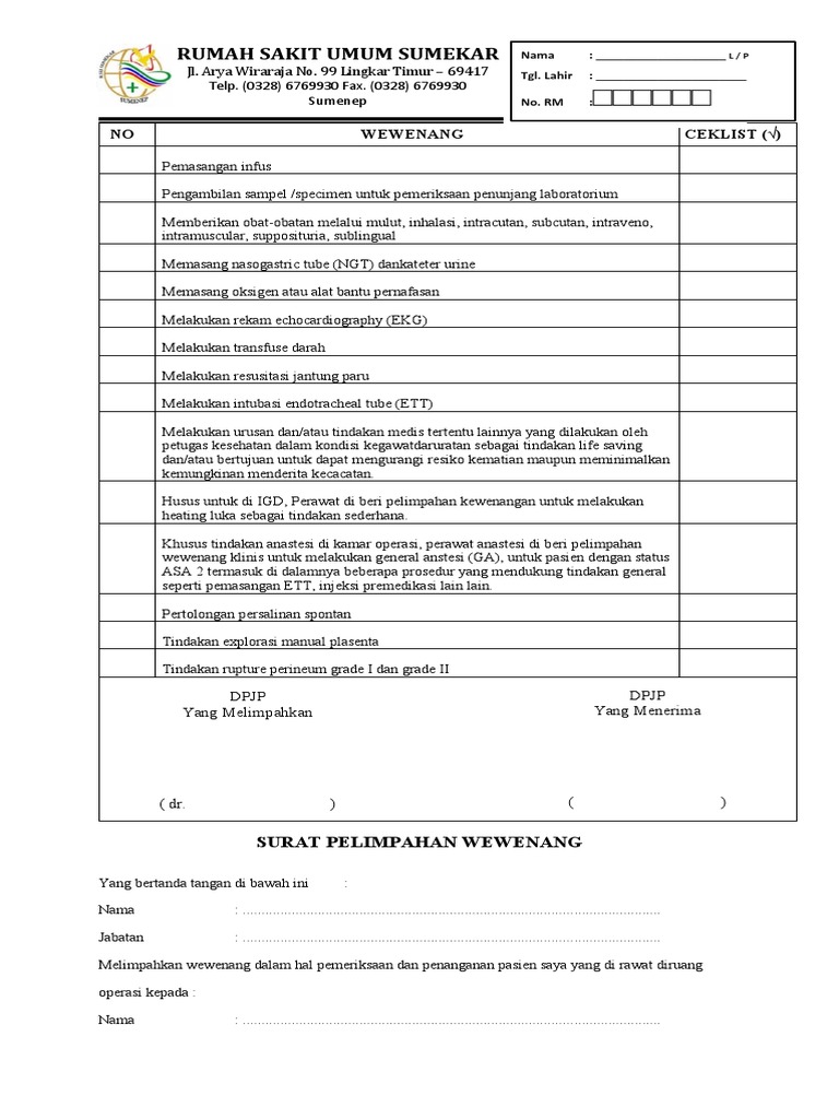 Form Surat Pelimpahan Wewenang DPJP Ke DPJP | PDF