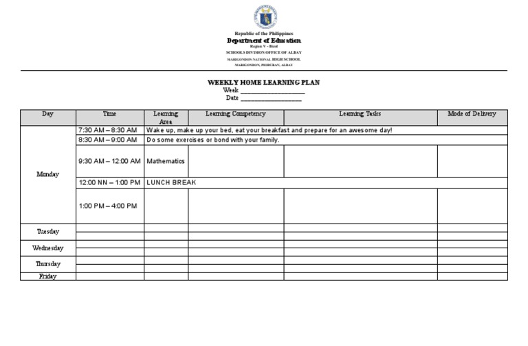 3 Weekly Home Learning Plan | PDF