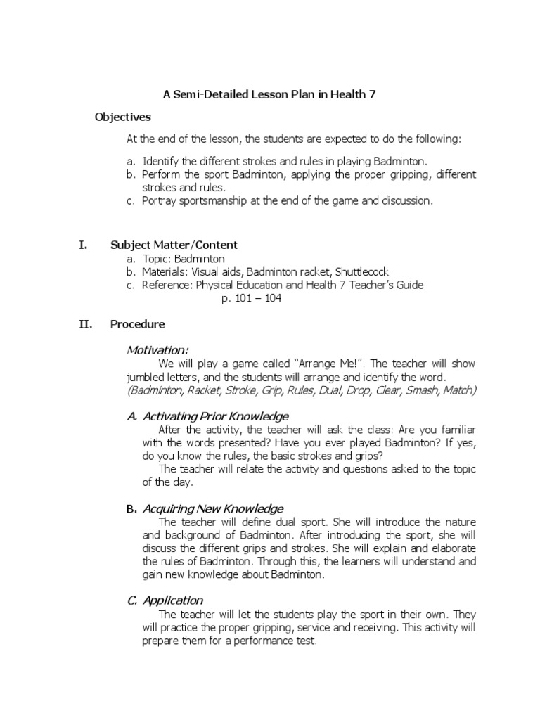 Lesson Plan Badminton | PDF | Lesson Plan | Teachers