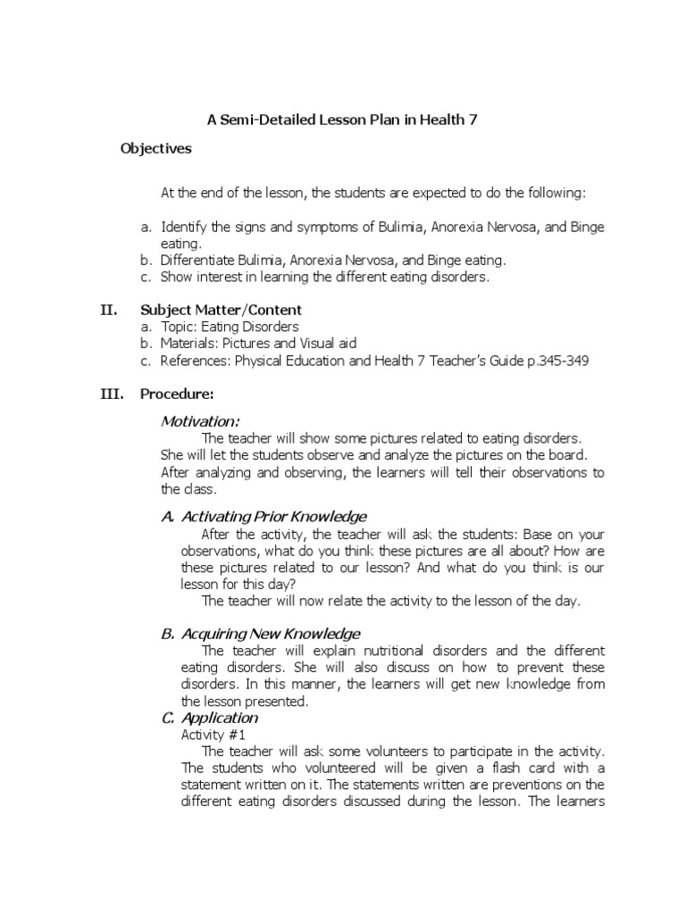 Eating Disorders Lesson Plan for Health 7 | PDF | Eating Disorder ...
