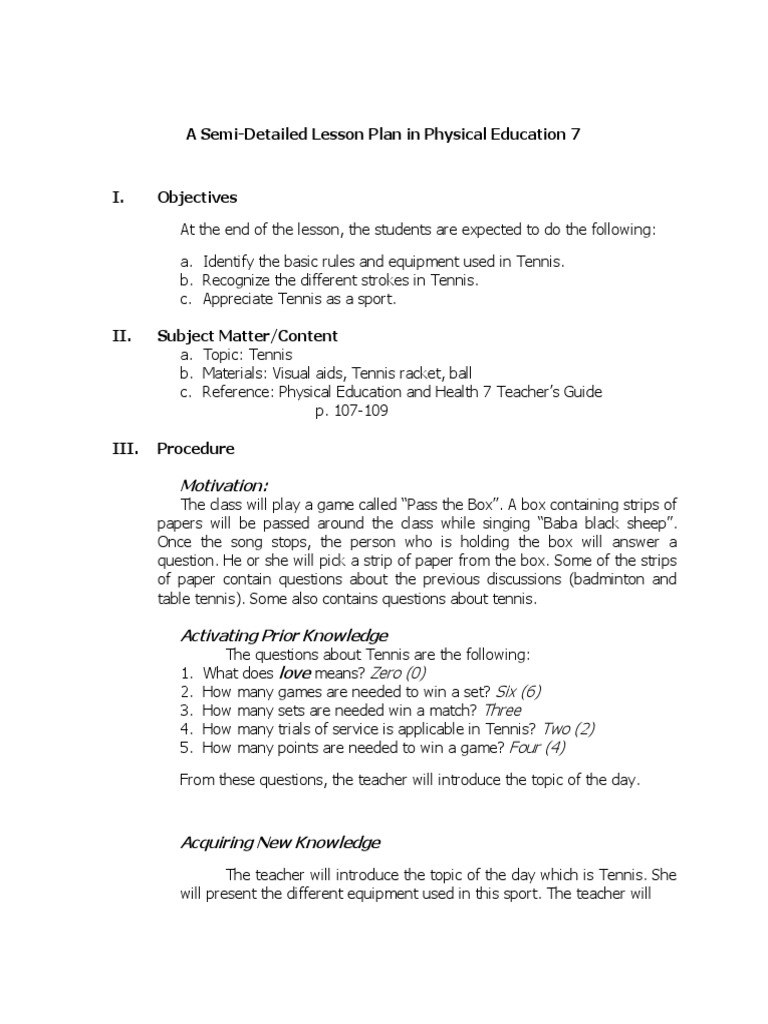 A Semi-Detailed Lesson Plan in Physical Education 7 | PDF | Lesson Plan ...