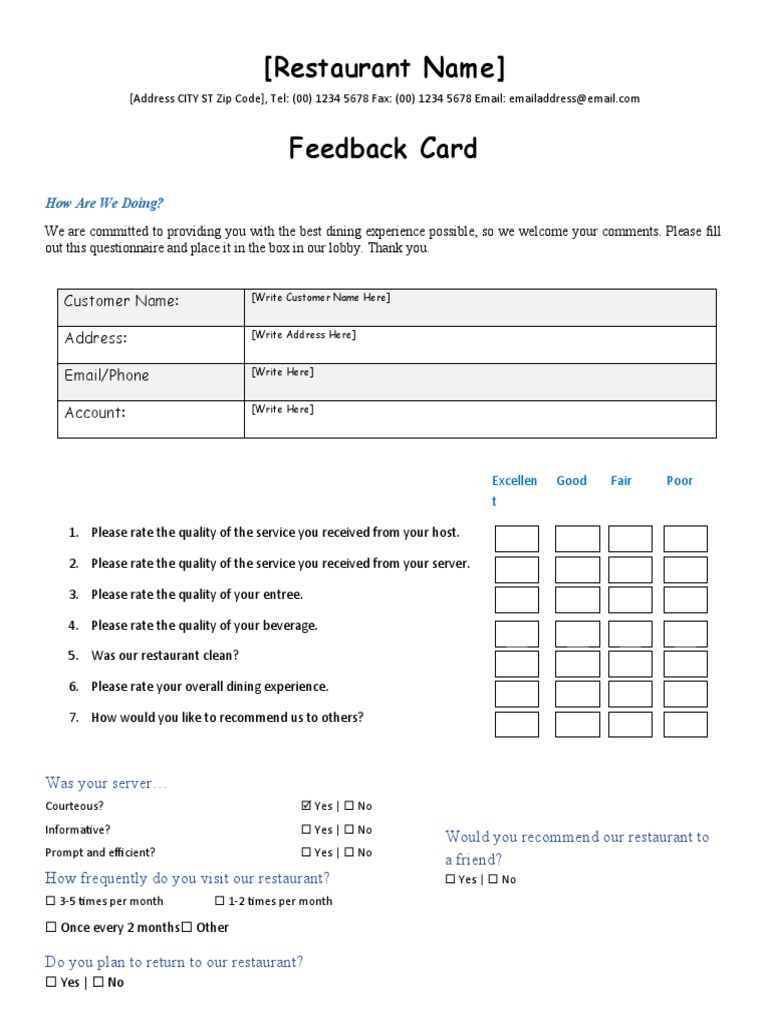 Restaurant Customer Feedback Form | PDF