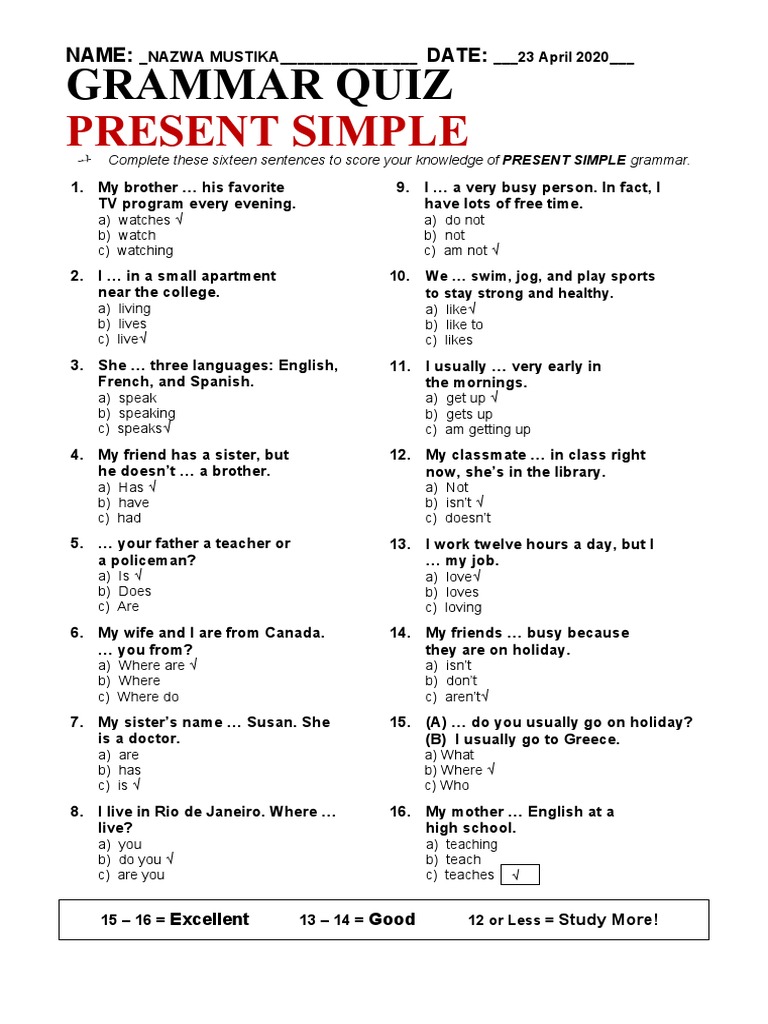 Present Simple Grammar Quiz | PDF | Cognition | Cognitive Science