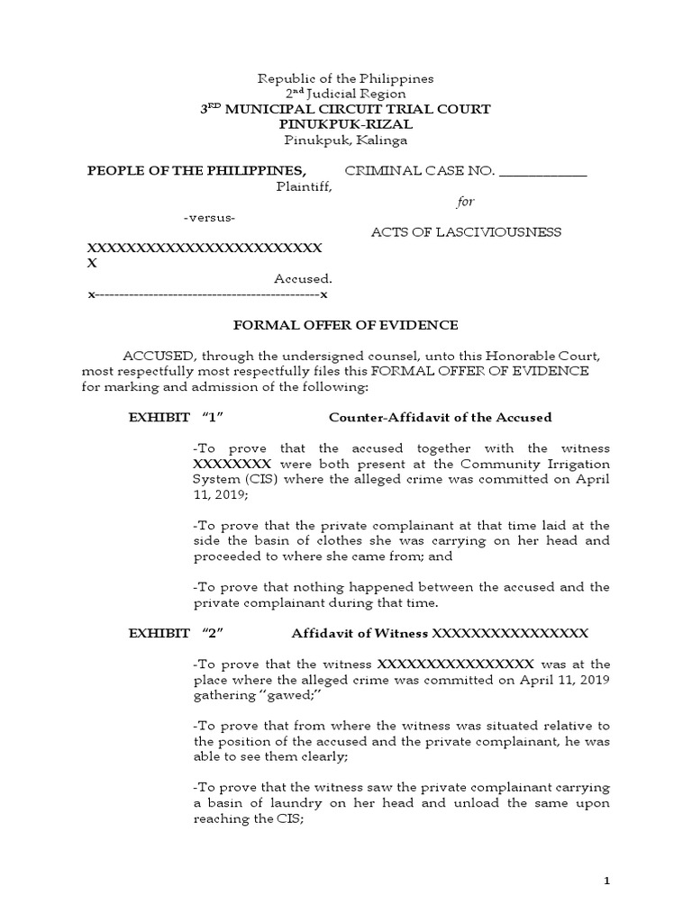 Sample Formal Offer of Evidence | PDF | Plaintiff | Witness