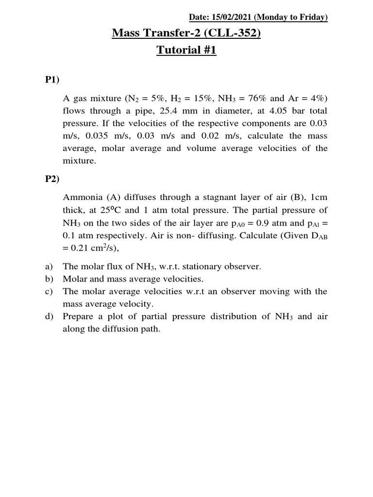 Mass Transfer-2 Tutorial: Velocity Calculations | PDF