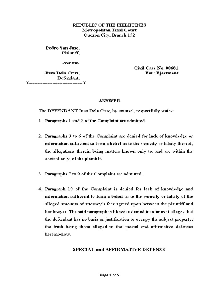 Answer to Unlawful Detainer Case | PDF | Lawsuit | Complaint