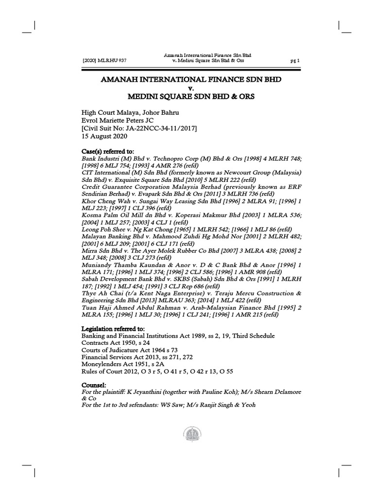 Amanah International Finance SDN BHD v. Medini Square SDN BHD & Ors ...