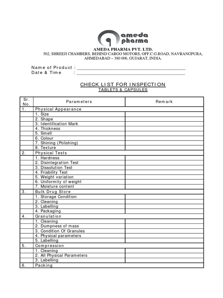 Ameda Pharma checklist inspection | PDF | Tablet (Pharmacy) | Industries