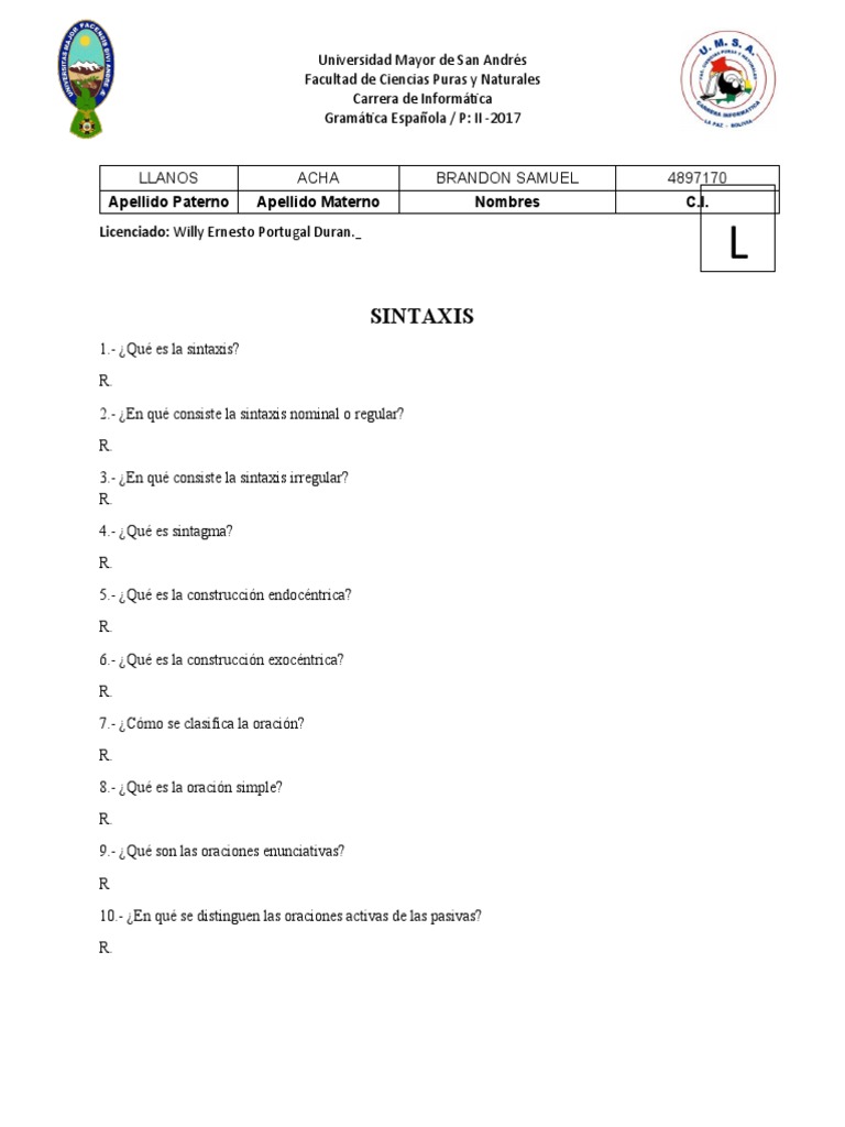 G8 Cuestionario Sintaxis 1 | PDF