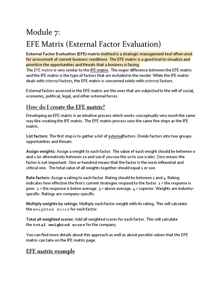 EFE Matrix (External Factor Evaluation) | PDF | Strategic Management | Swot Analysis