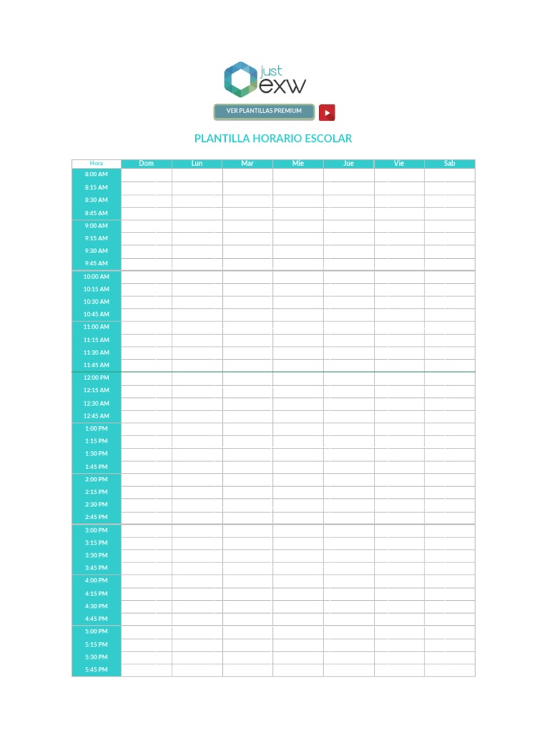Plantilla Horario Escolar: Dom Lun Mar Mie Jue Vie Sab | PDF