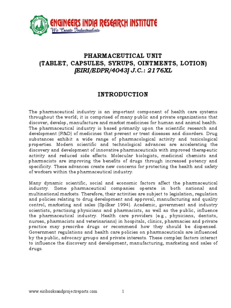 Project Report On Pharmaceutical Unit (Tablet, Capsules, Syrups ...