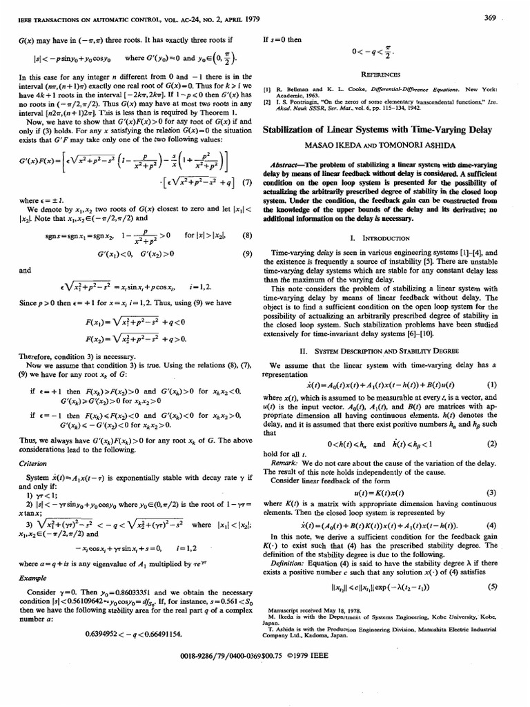 Stabilization of Linear Systems With Time-Varying Delay | PDF ...