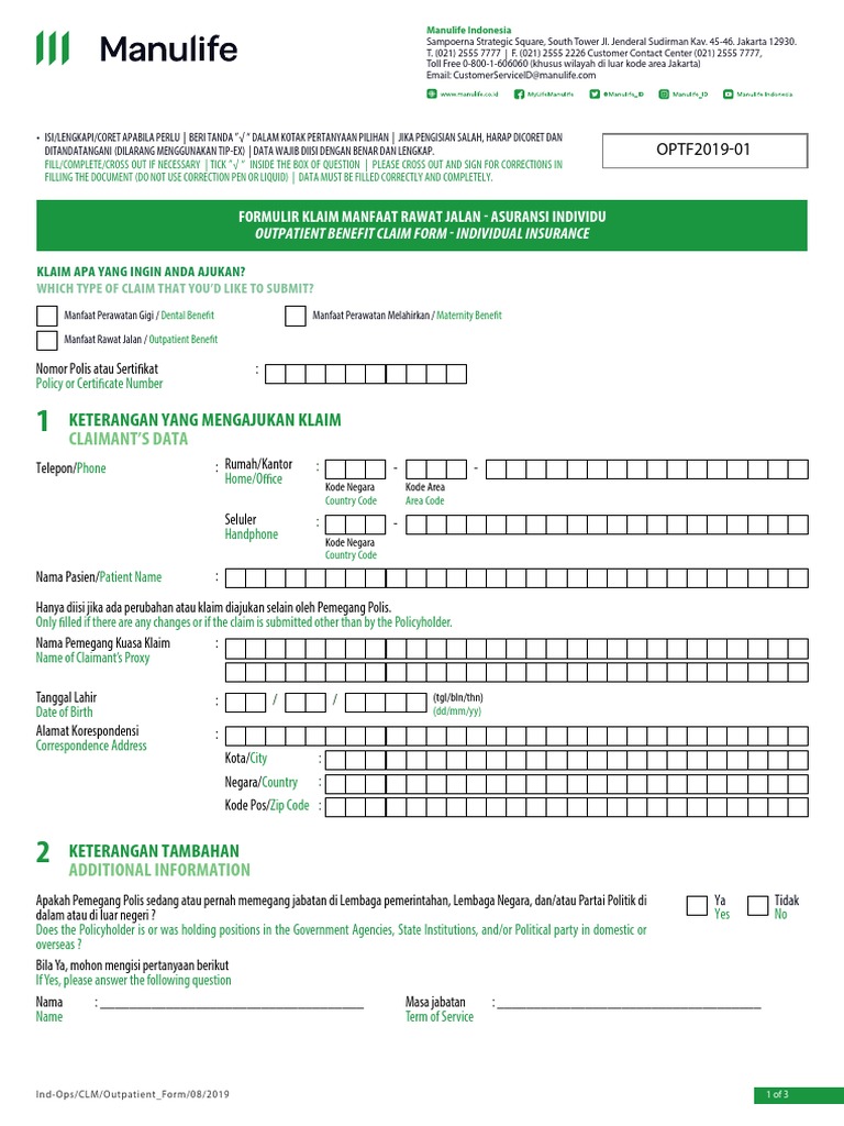 Formulir Klaim Rawat Jalan Manfaat Melahirkan - Asuransi Individu | PDF