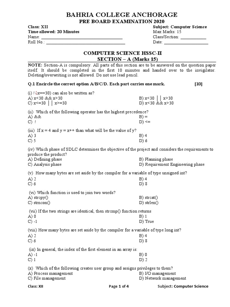 Computer Science Hssc Ii Pre Board Examination 2020 Pdf Subroutine Scope Computer Science 