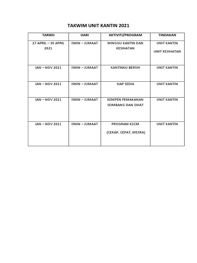 Takwim Unit Kantin 2021 | PDF