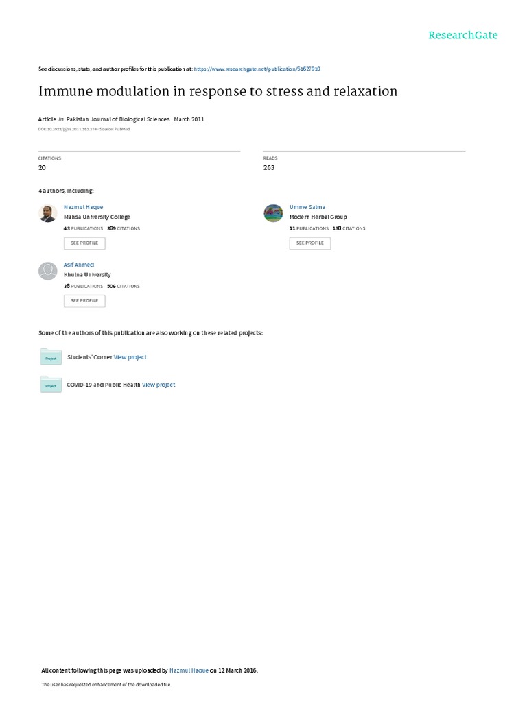 Immune Modulation in Response To Stress and Relaxation: Pakistan ...