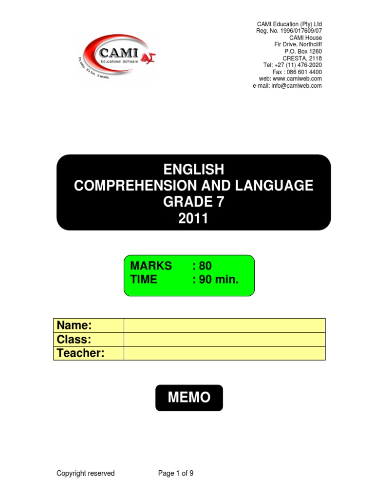 English Comprehension and Language Grade 7 2011: Marks: 80 Time: 90 Min ...