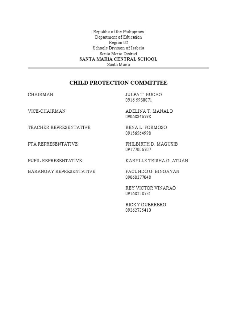 Child Protection Committee: Santa Maria Central School | PDF