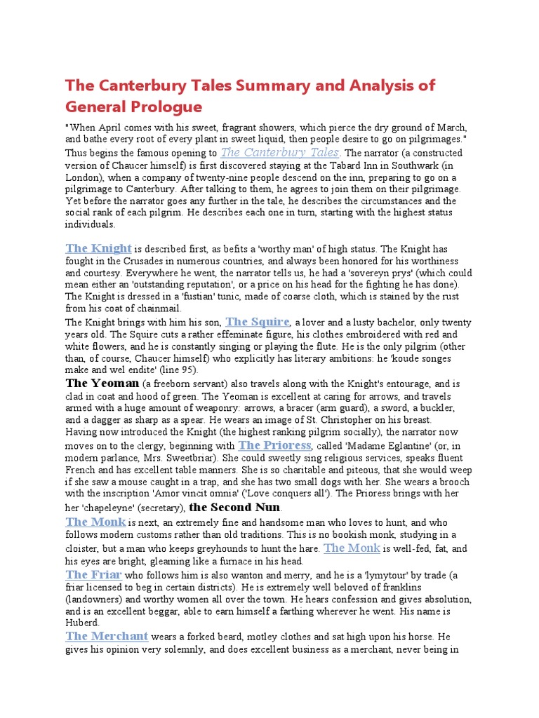 The Canterbury Tales Summary and Analysis of General Prologue | PDF ...