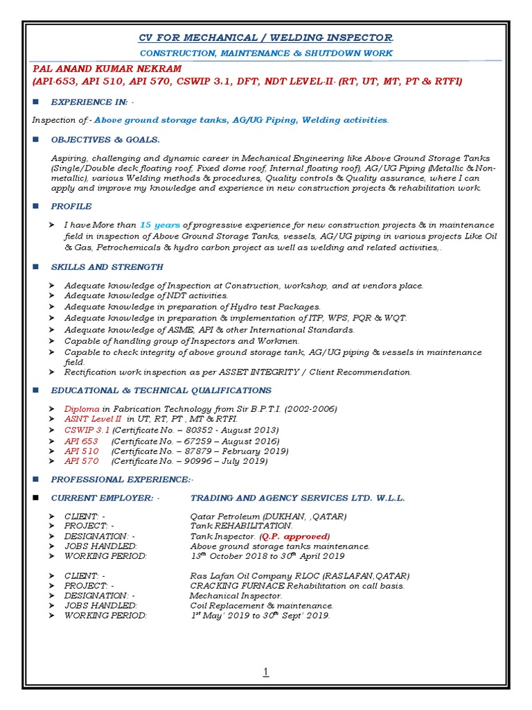 Resume For The Post of Tank /welding / Piping Inspector. | PDF ...