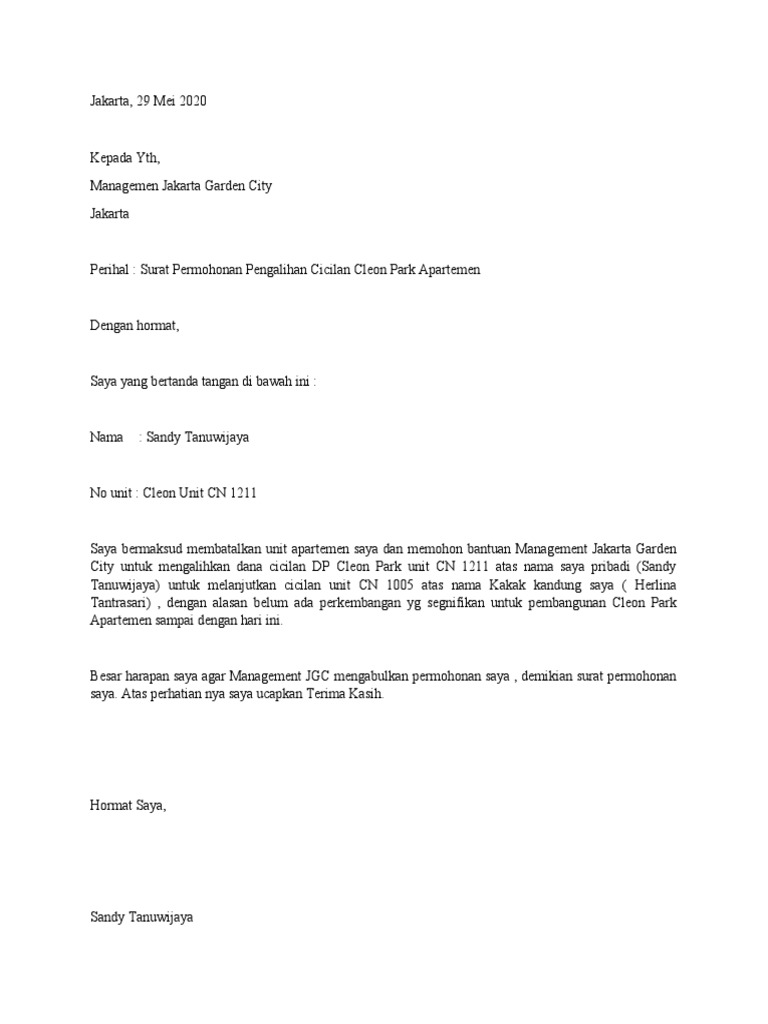 Surat Permohonan Pengalihan Cicilan | PDF