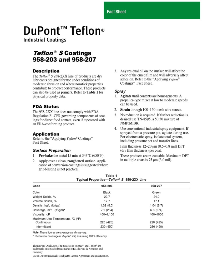 Dupont Teflon: Teflon S Coatings 958-203 and 958-207 | PDF | Wear ...