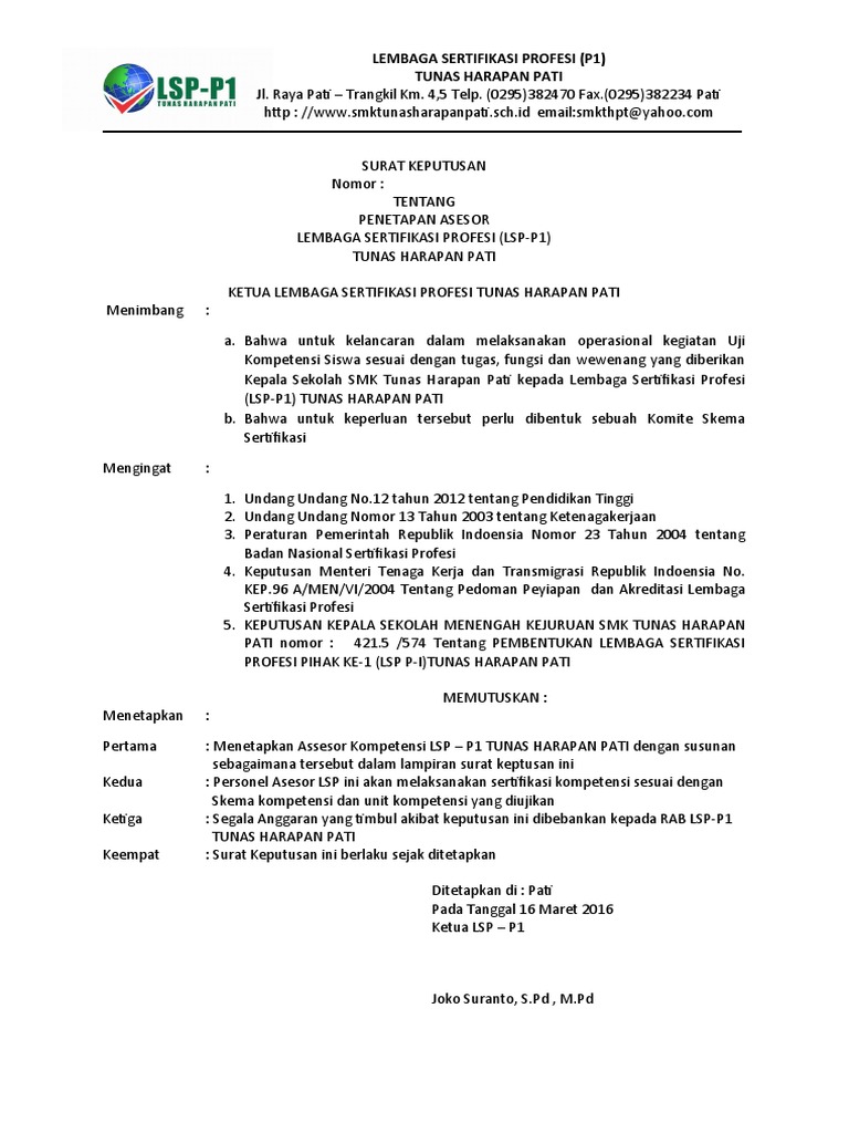 Surat Keputusan Penetapan Assesor | PDF