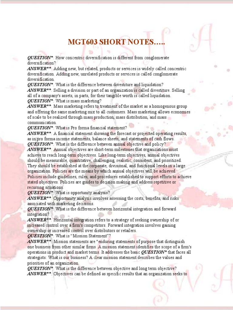 MGT603 Short Notes | PDF | Strategic Management | Strategic Planning