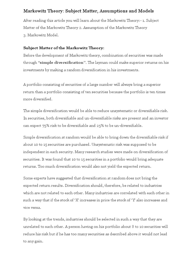 Modern Portfolio Theory (Markowitz) | PDF | Diversification (Finance) | Modern Portfolio Theory