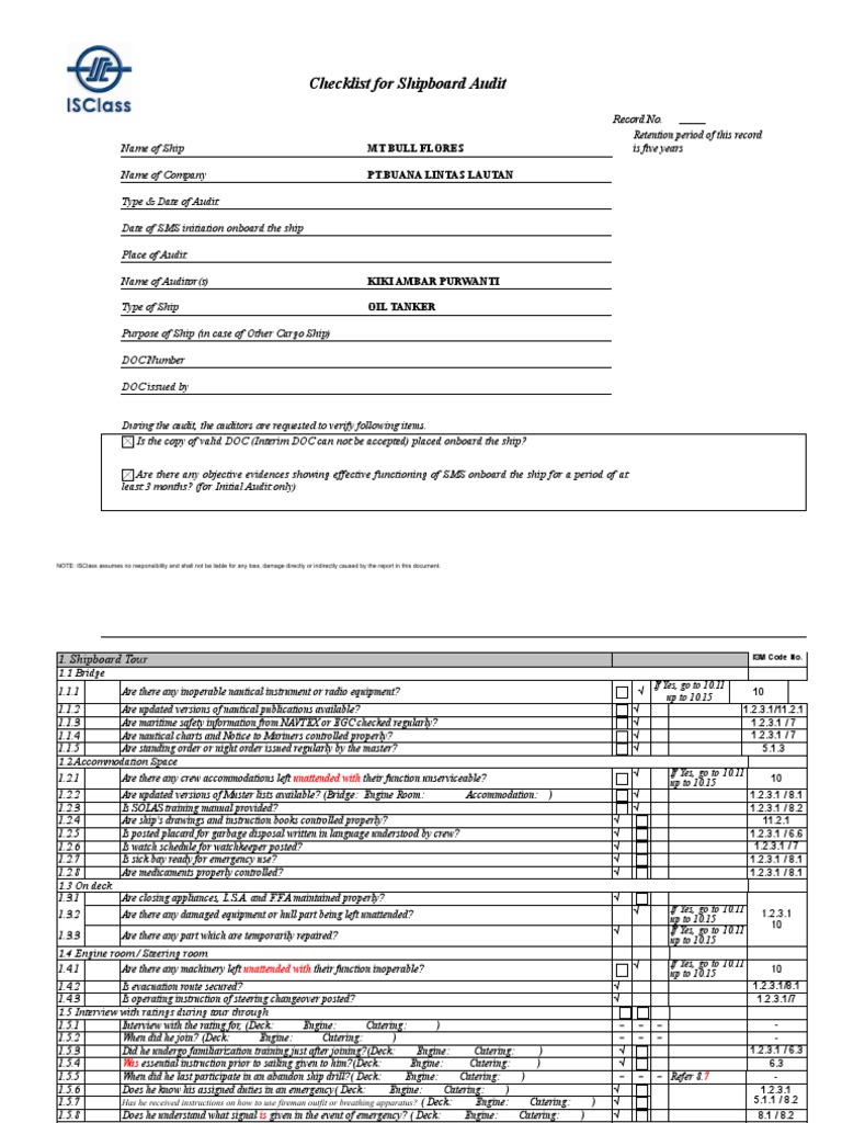 KIKI AMBAR PURWANTI - Checklist For Shipboard Audit | PDF | Dangerous ...
