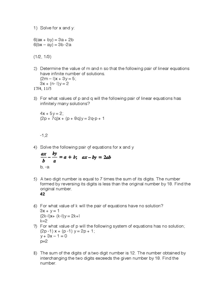 Linear Equations in Two Variables - Assignment 8 | PDF