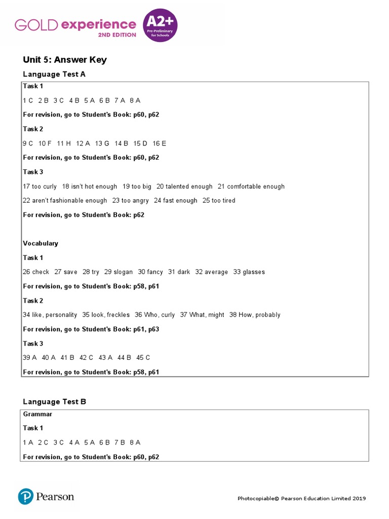 Unit 5: Answer Key: Language Test A | PDF