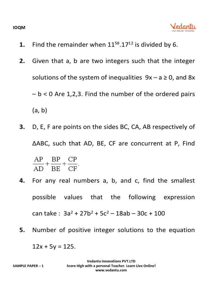 IOQM Sample Paper | PDF