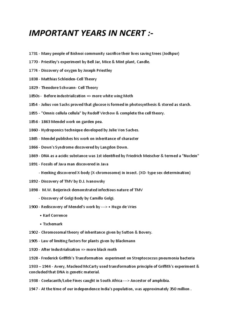 Important Years in Ncert | PDF | Escherichia Coli | Dna
