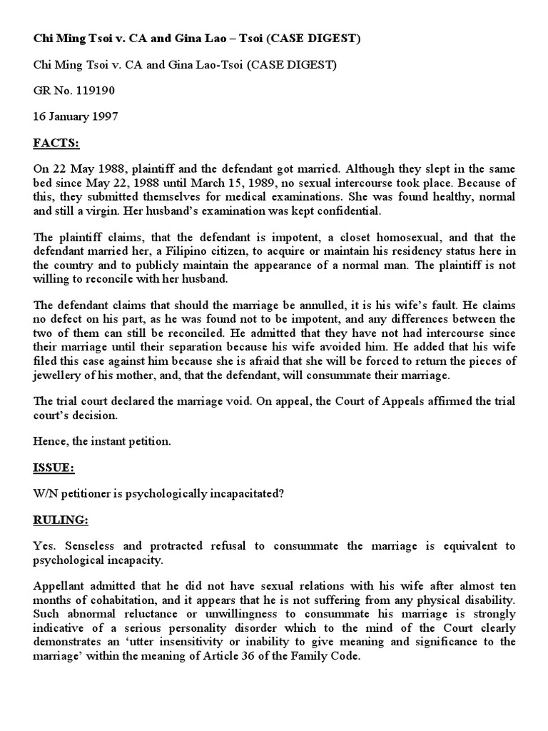 Chi Ming Tsoi Vs CA and Gina Lao-Tsoi Case Digest | PDF | Marriage ...