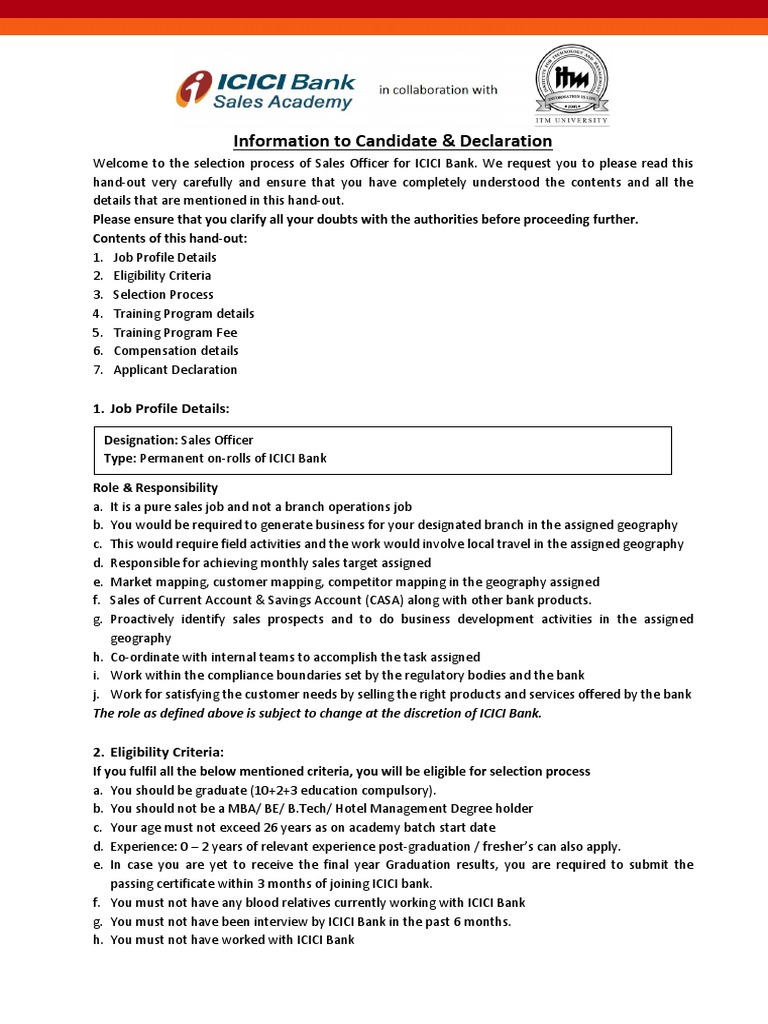 ICICI Information To Candidate & Declaration | PDF | Sales | Fee