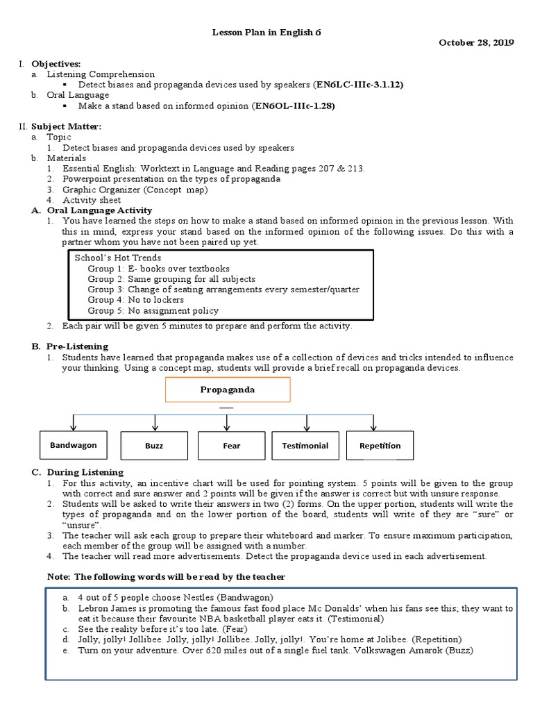 3rd Quarter in Lesson Plan in English 6 | PDF | Propaganda | Lesson Plan