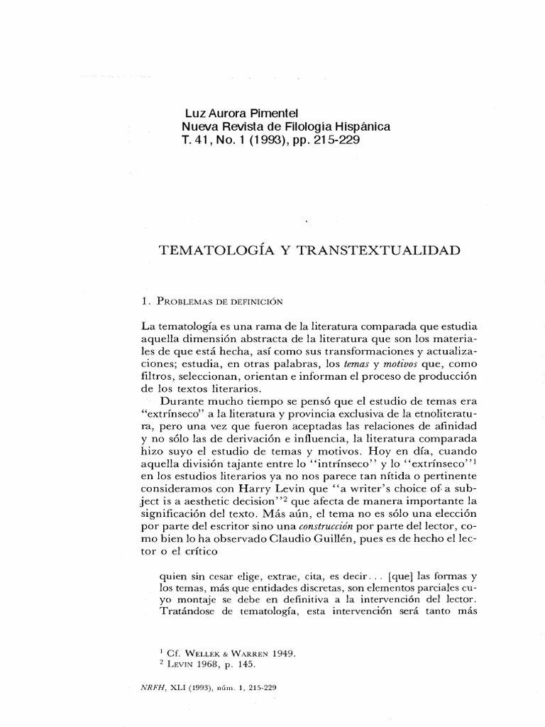 Luz Autora Pimentel - Tematologia y Transtextualidad | PDF | Poesía