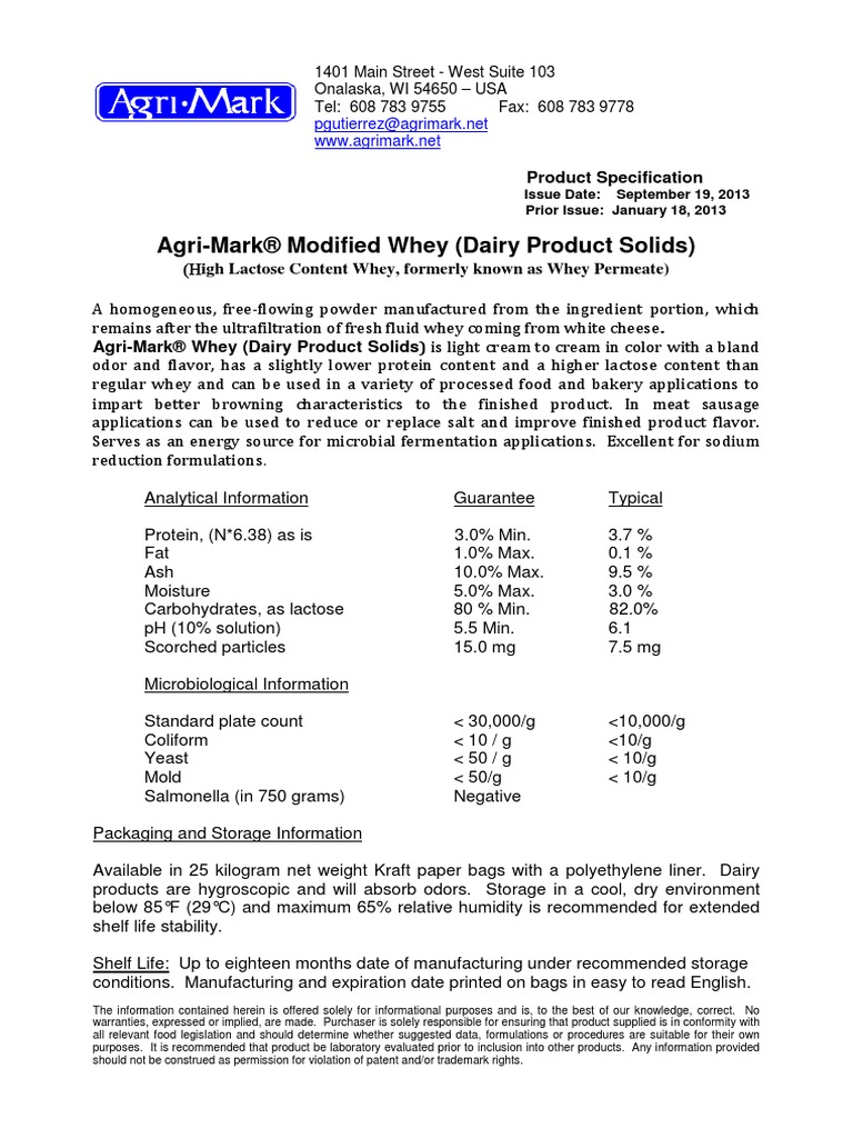 Spec Modified Whey (Permeate) 13-0919 | PDF | Chemistry | Food And Drink