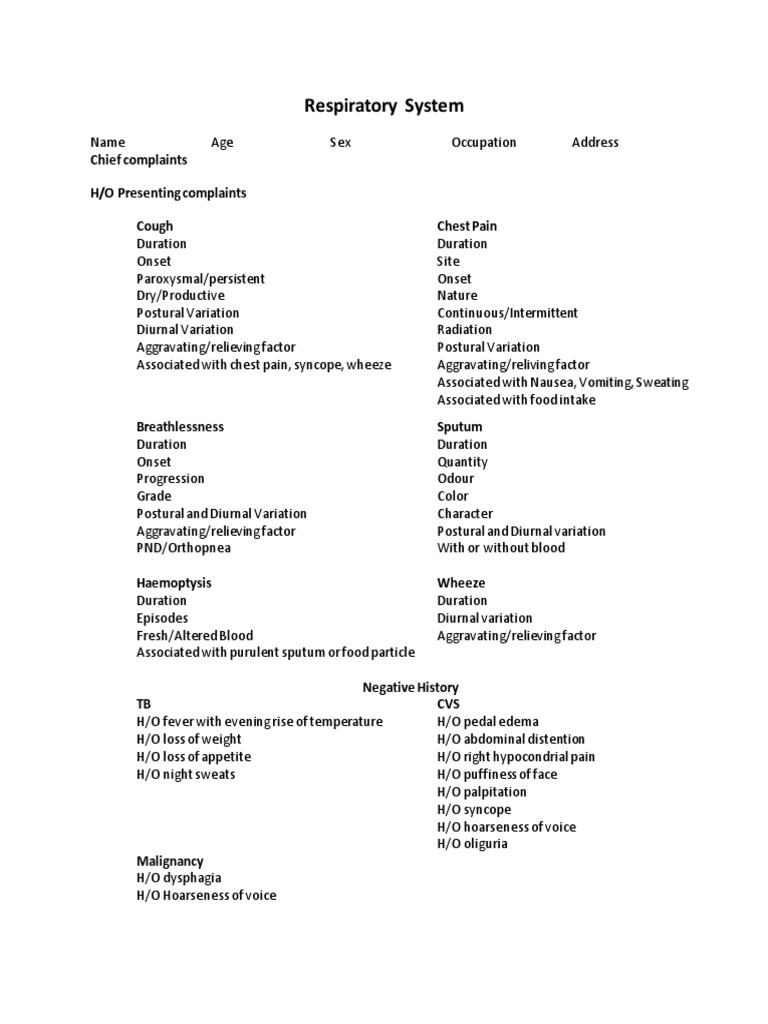 Respiratory System: Chief Complaints H/O Presenting Complaints Cough ...