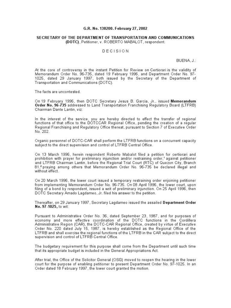 SECRETARY OF THE DEPARTMENT OF TRANSPORTATION AND COMMUNICATIONS (DOTC ...