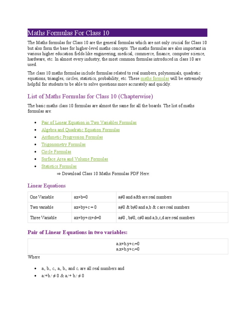 List of Maths Formulas For Class 10 (Chapterwise) | PDF
