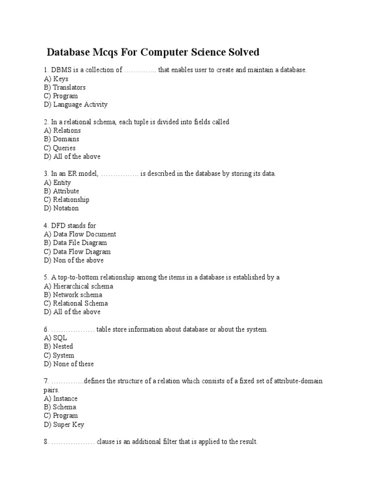 Database Mcqs For Computer Science (Lan Technician) | PDF | Relational Database | Relational Model