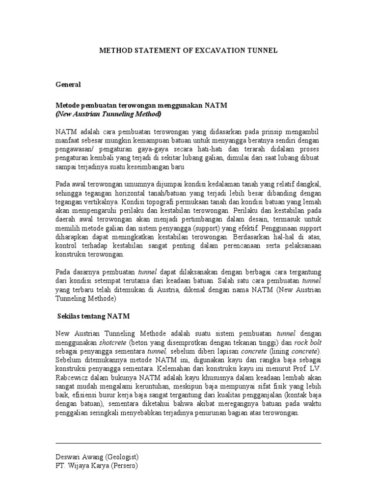 Method Statement Excavation Tunnel | PDF