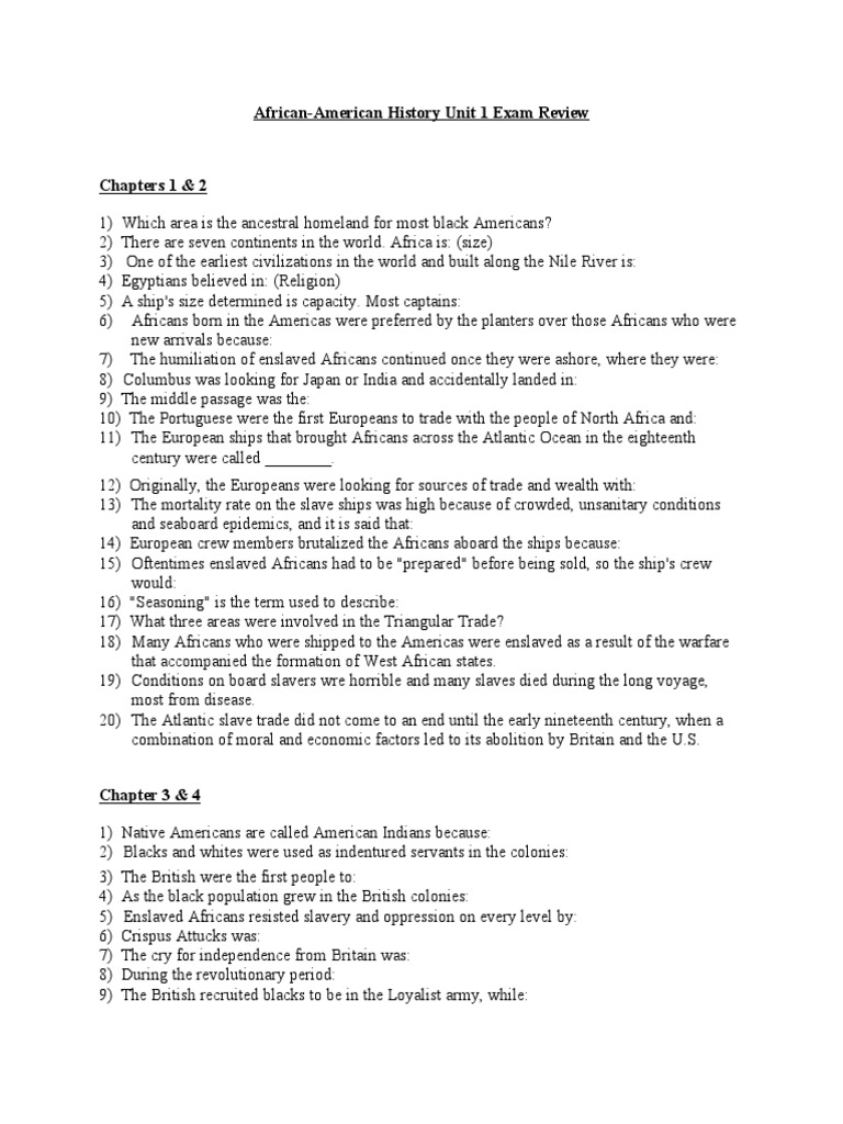 African-American History Unit 1 Exam Review | PDF | Atlantic Slave ...